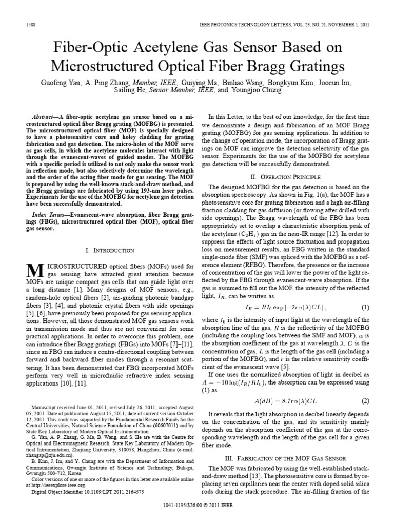 [15] IEEE_PHOTONICS TECHNOLOGY LETTERS - FO acetylene gas sensor based on MOF Bragg gratings ...