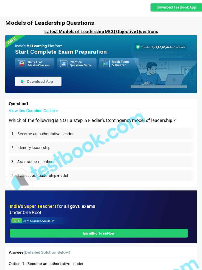 MCQ On Models of Leadership 602fd15ff88ebe92f5e4a770 | PDF