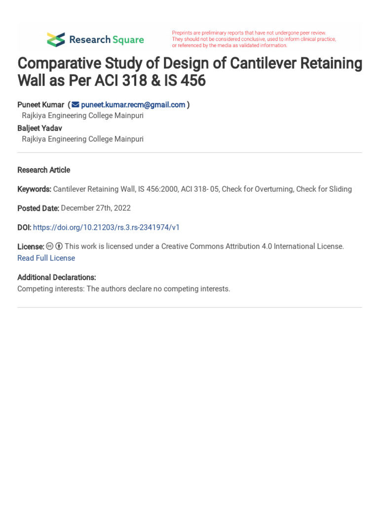 Comparative Study of Design of Cantilever Retaining Wall As Per ACI 318 ...