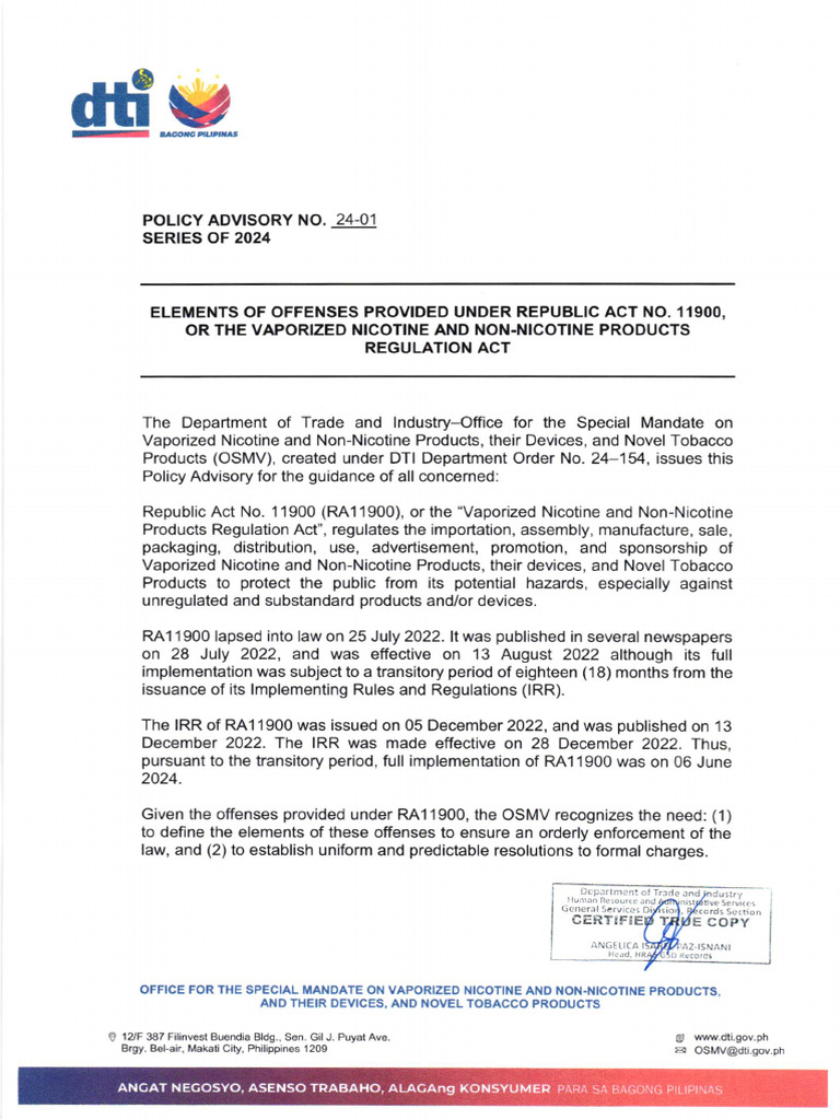 DTI Policy Advisory No. 24 01 | PDF | Determinants Of Health | Smoking