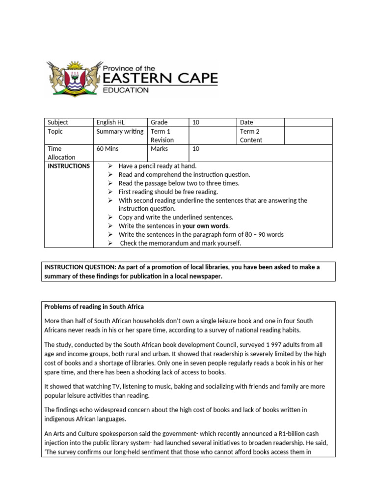 Grade 10 Summary Writing Guide | PDF | Human Communication