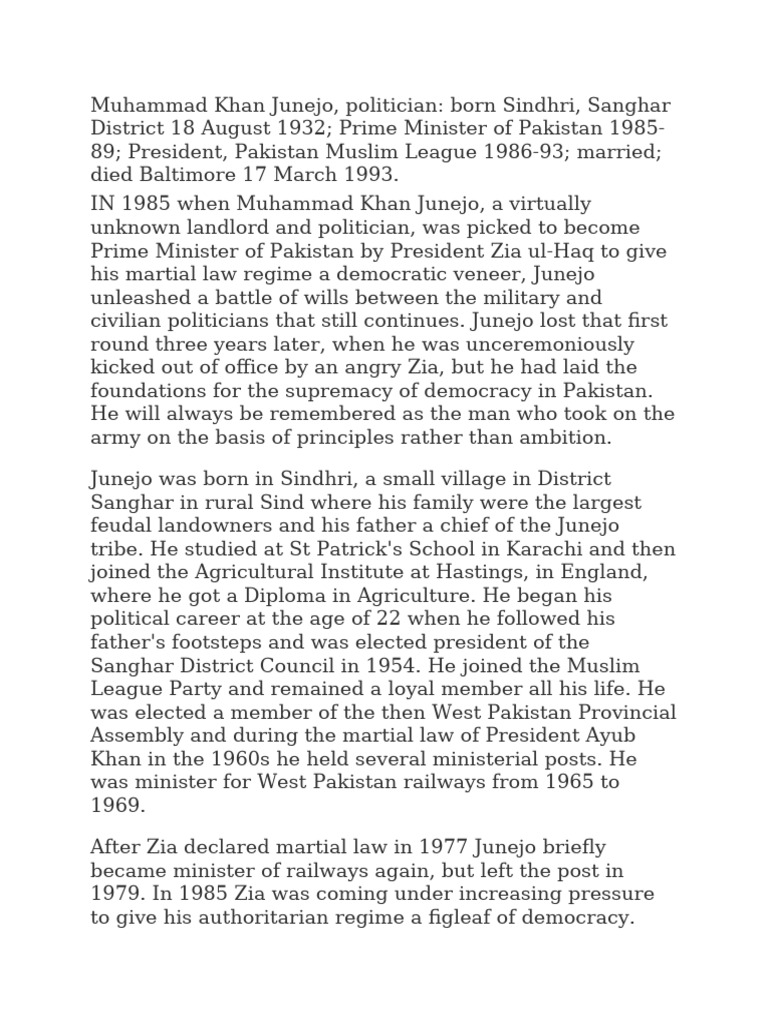 Muhammad Khan Junejo: Political Legacy | PDF | Muhammad Zia Ul Haq ...