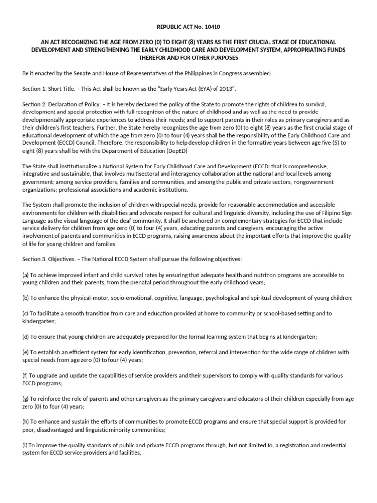 Republic Act No 10410 | PDF | Child Care | Teachers