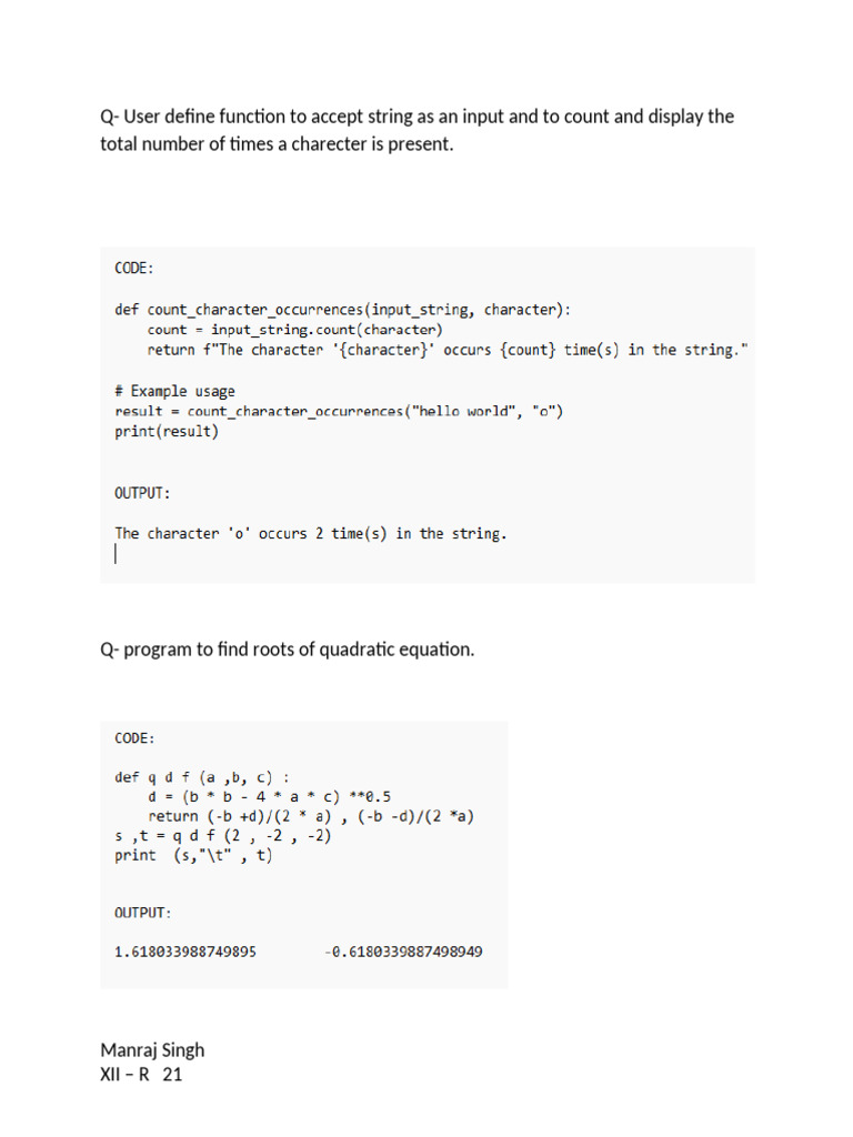 String Character Count & Quadratic Roots | PDF