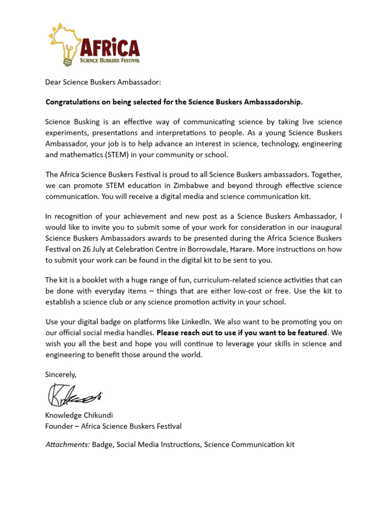 Science Buskers Ambassador Letter | PDF