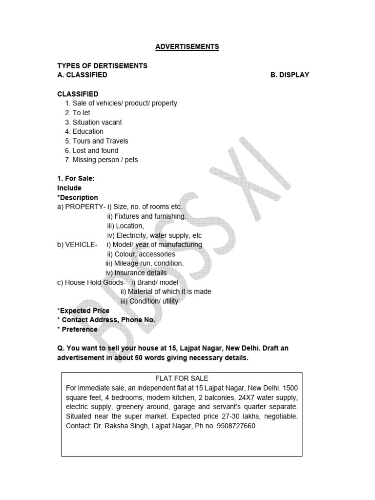 English grammar and composition- Advertisement writing | PDF