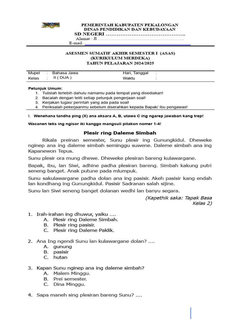 Soal - ASAS - Bahasa Jawa - Kelas - II | PDF