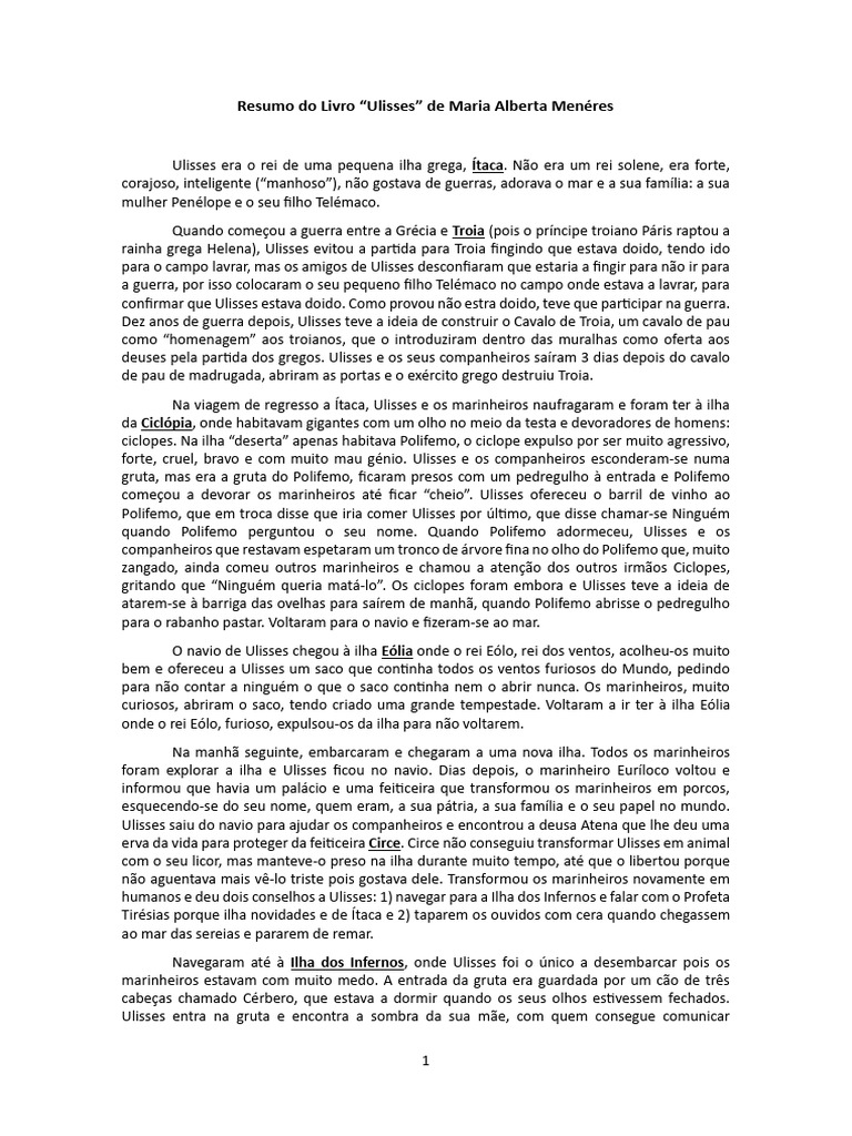 Resumo Do Livro "Ulisses" de Maria Alberta Menéres | PDF | Ulisses ...
