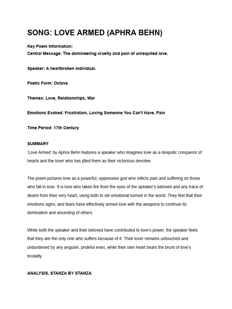 Poetry Revision - SONG - LOVE ARMED (APHRA BEHN) | PDF | Poetry | Love