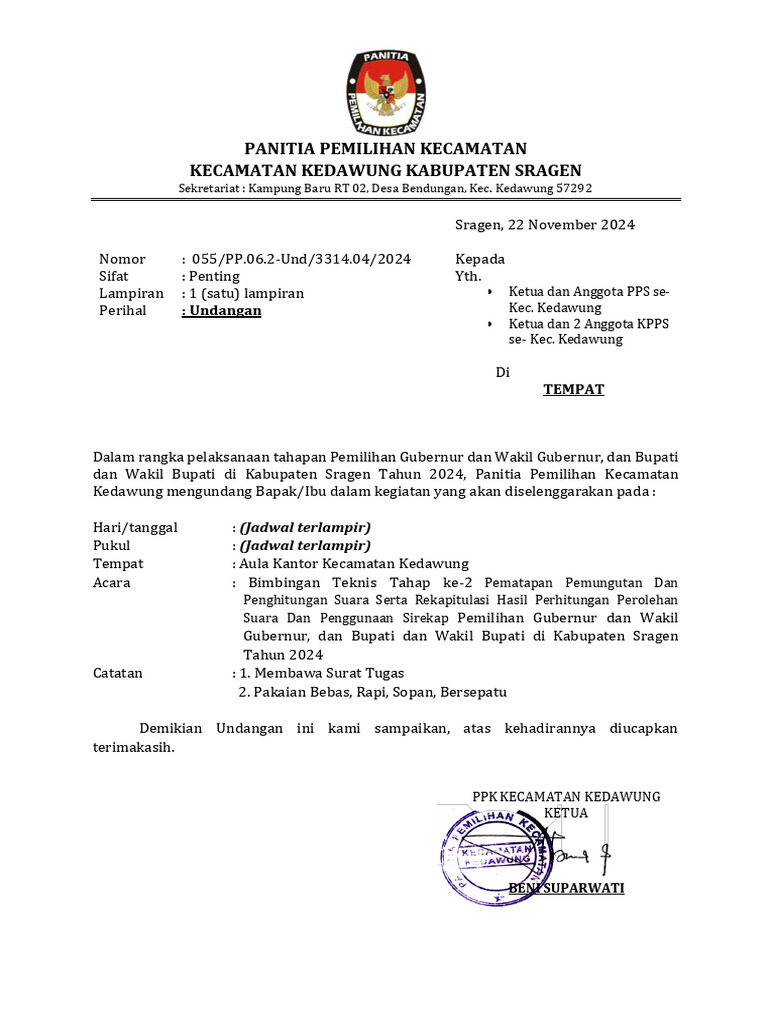 UNDANGAN BIMTEK KPPS 23-24 NOV 2024 | PDF