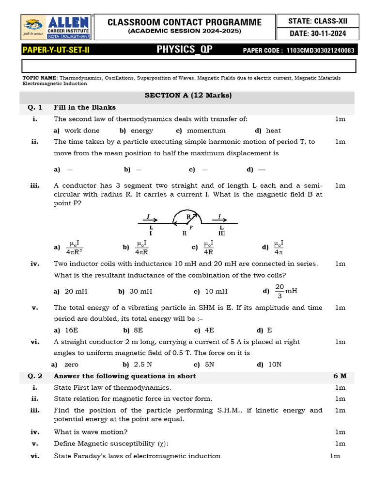 Enthuse-State Board - Unitwise Set Ii - Physics Ques Paper - Y-30-11-2024 | PDF | Inductance ...