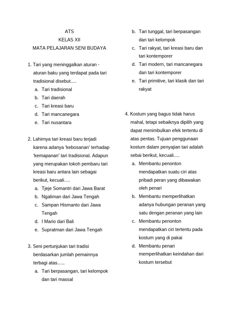 1 Seni Budaya Soal ATS XII 2024 | PDF