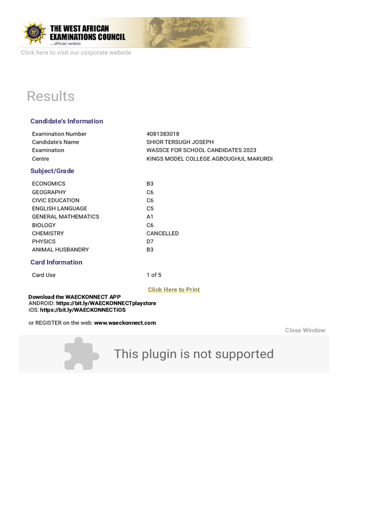 Waecdirect Online - Results | PDF