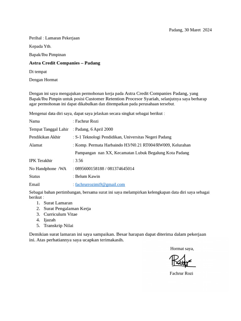 Surat Lamaran Acc | PDF