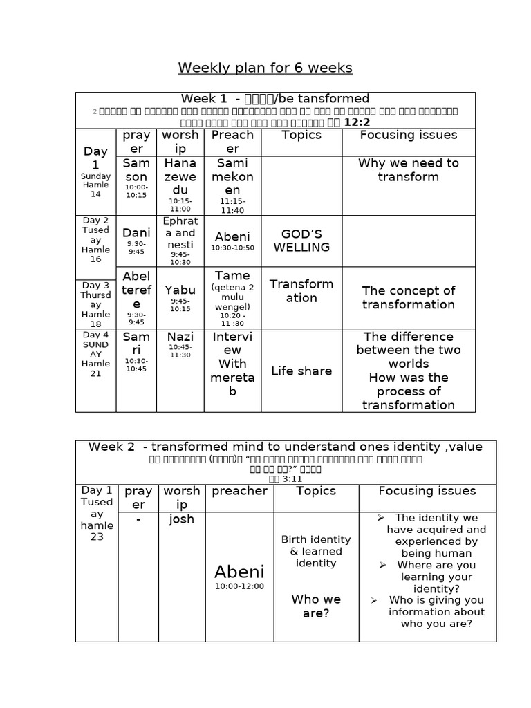 Week plan | PDF | Christian Worship | Theology