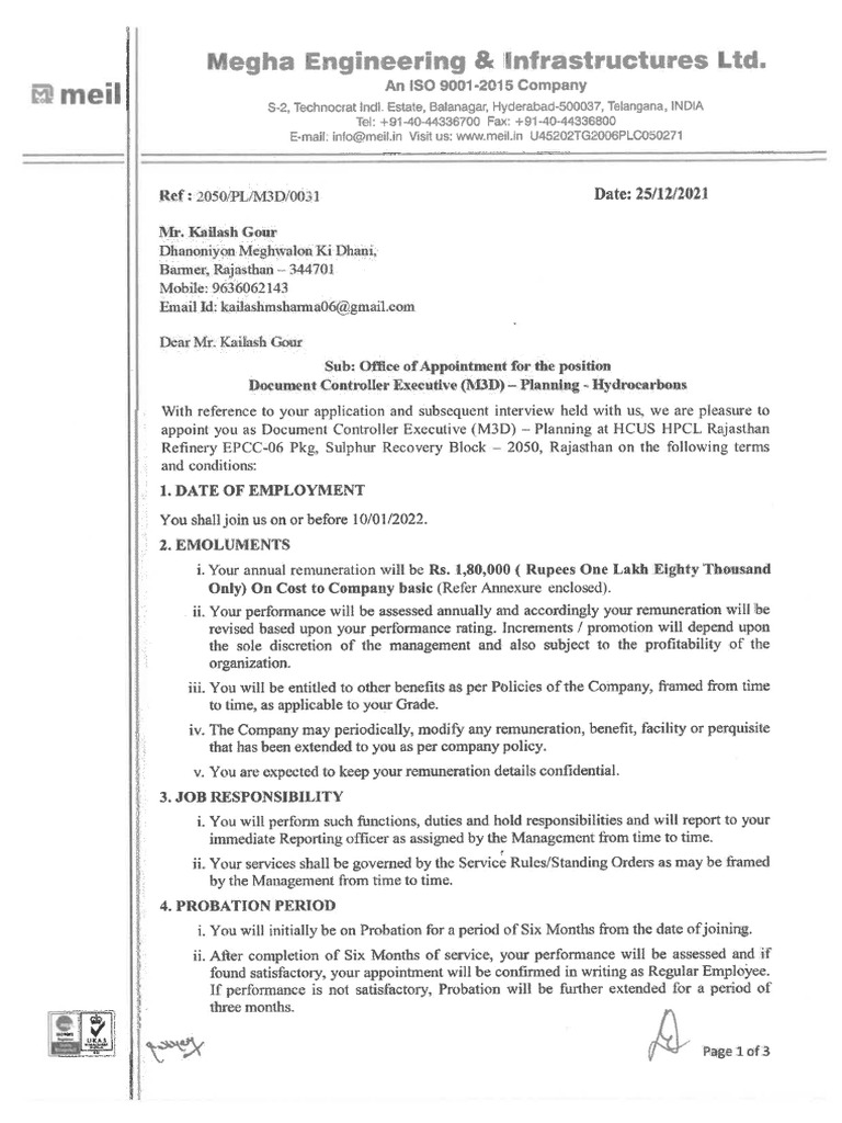 Appointment Letter | PDF