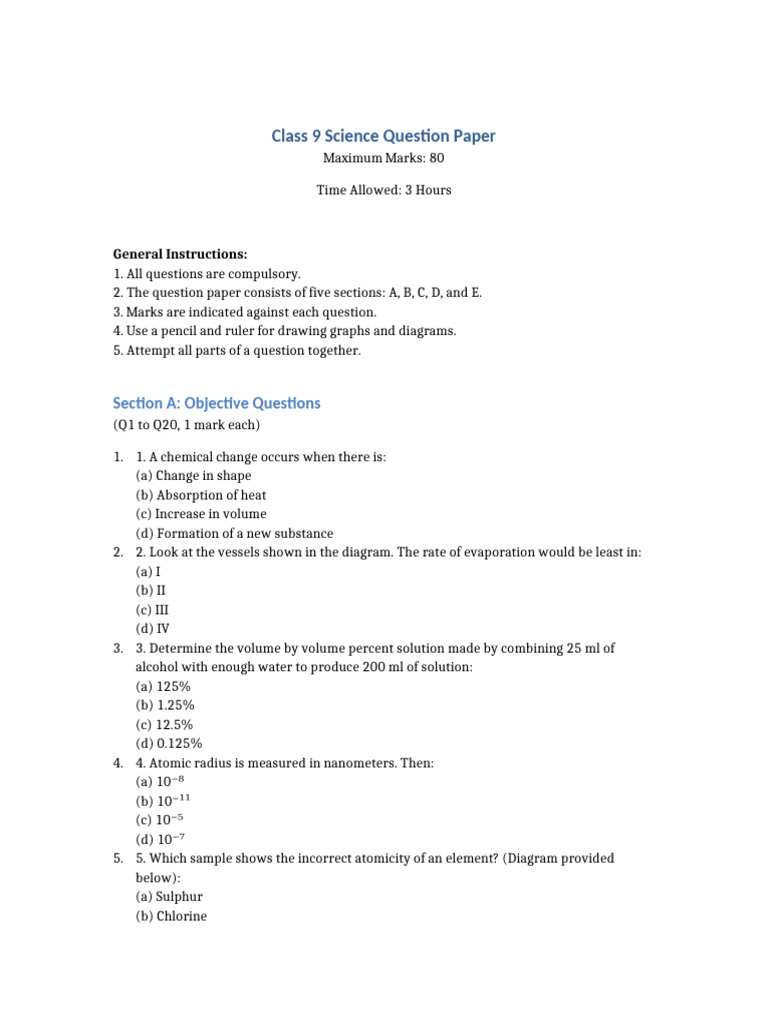 Class_9_Science_Question_Paper | PDF | Buoyancy | Chemistry