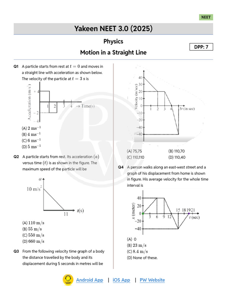 Motion In A Straight Line DPP 07 (Of Lec-12) Yakeen NEET | PDF | Acceleration | Velocity