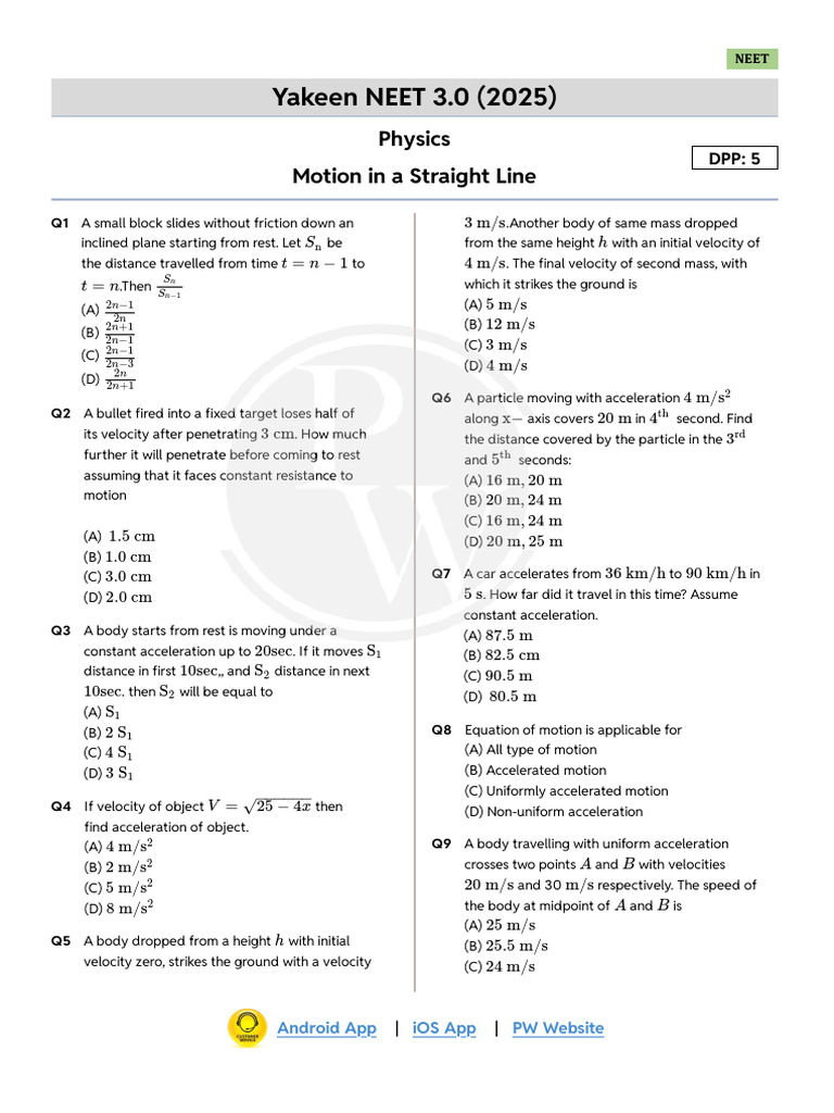 Motion in A Straight Line DPP 05 (Of Lec-08) Yakeen NEET | PDF ...