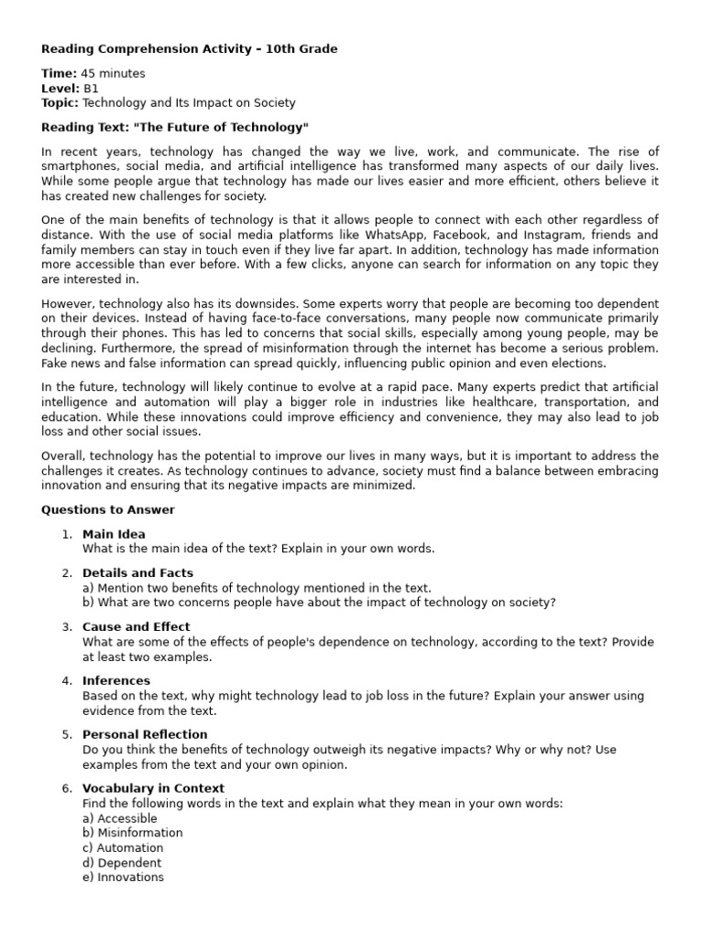 10th Grade Reading: Technology's Impact | PDF | Social Media | Popular ...