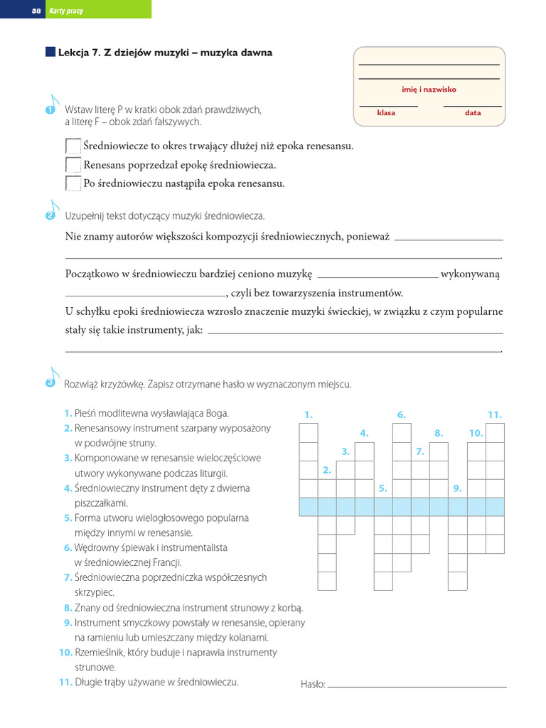 Lekcja Muzyki 6 Karta Pracy Z Dziejow Muzyki Muzyka Dawna | PDF