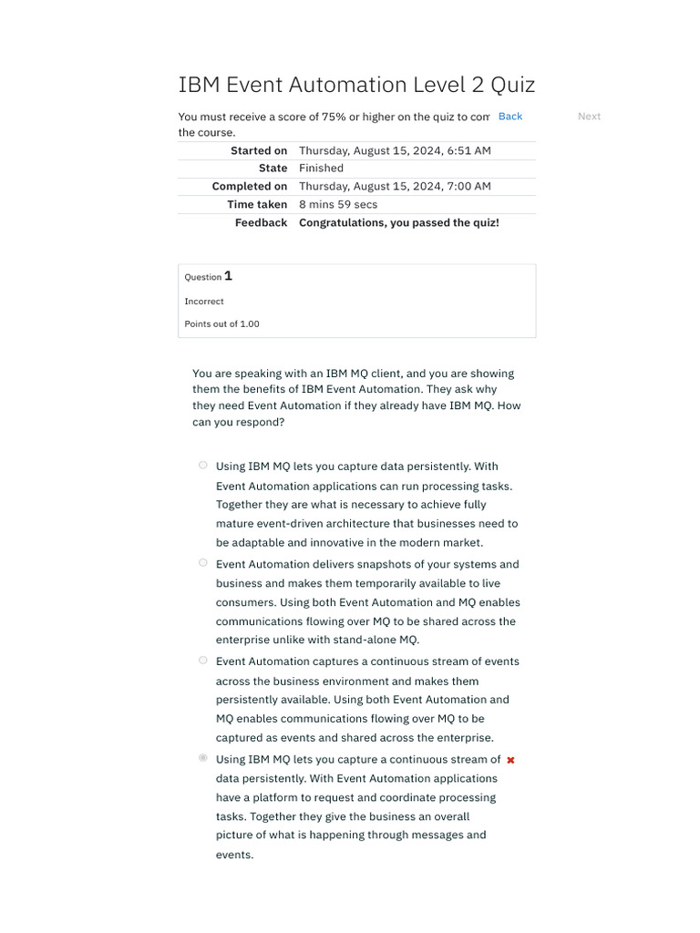 IBM Event Automation Level 2 Quiz Attempt Review PDF | PDF | Automation | Cloud Computing