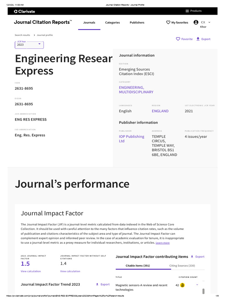 Journal Citation Reports - Engineering Research Express-IOP Publishing ...