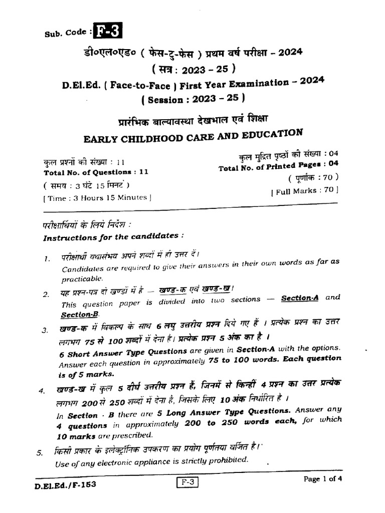 Deled 1 Year Early Childhood Care and Education f 3 2024 | PDF