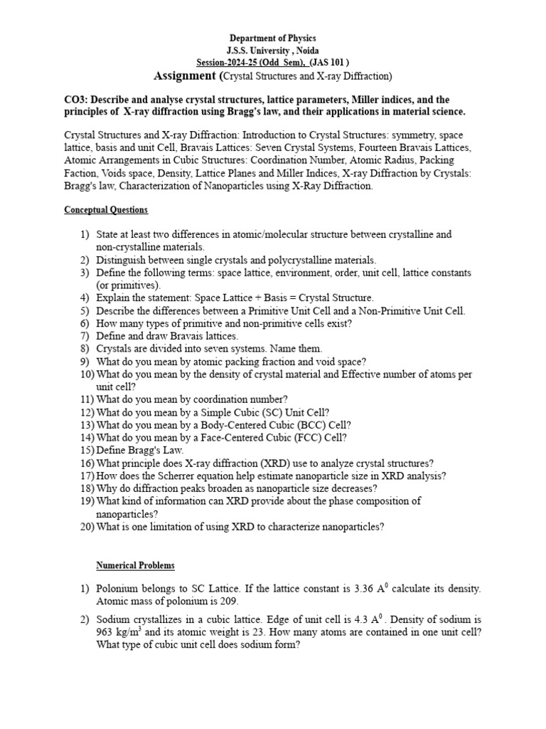 UNIT 3 CRYSTAL STRUCT ASSIGNMENT | PDF | Crystal Structure | X Ray ...