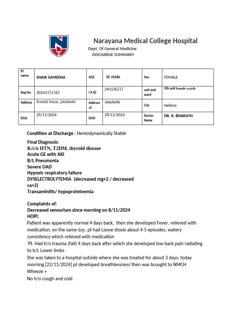 Sk DISCHARGE | PDF | Blood Plasma | Red Blood Cell