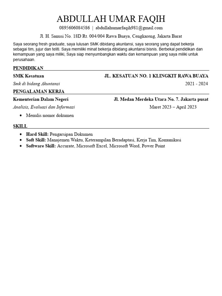 Lamaran Kerja Abdullah Umar Faqih | PDF