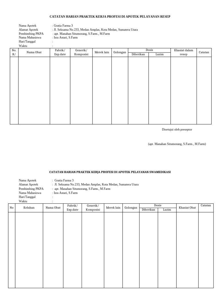 Catatan Harian Praktek Kerja Profesi Di Apotek Pelayanan Resep | PDF