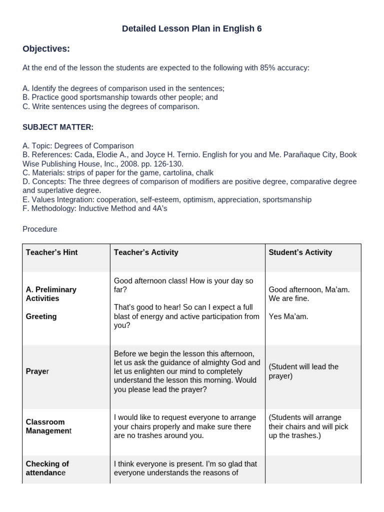 4a's Detailed Lesson Plan in English 6 | PDF | Adjective | Linguistics