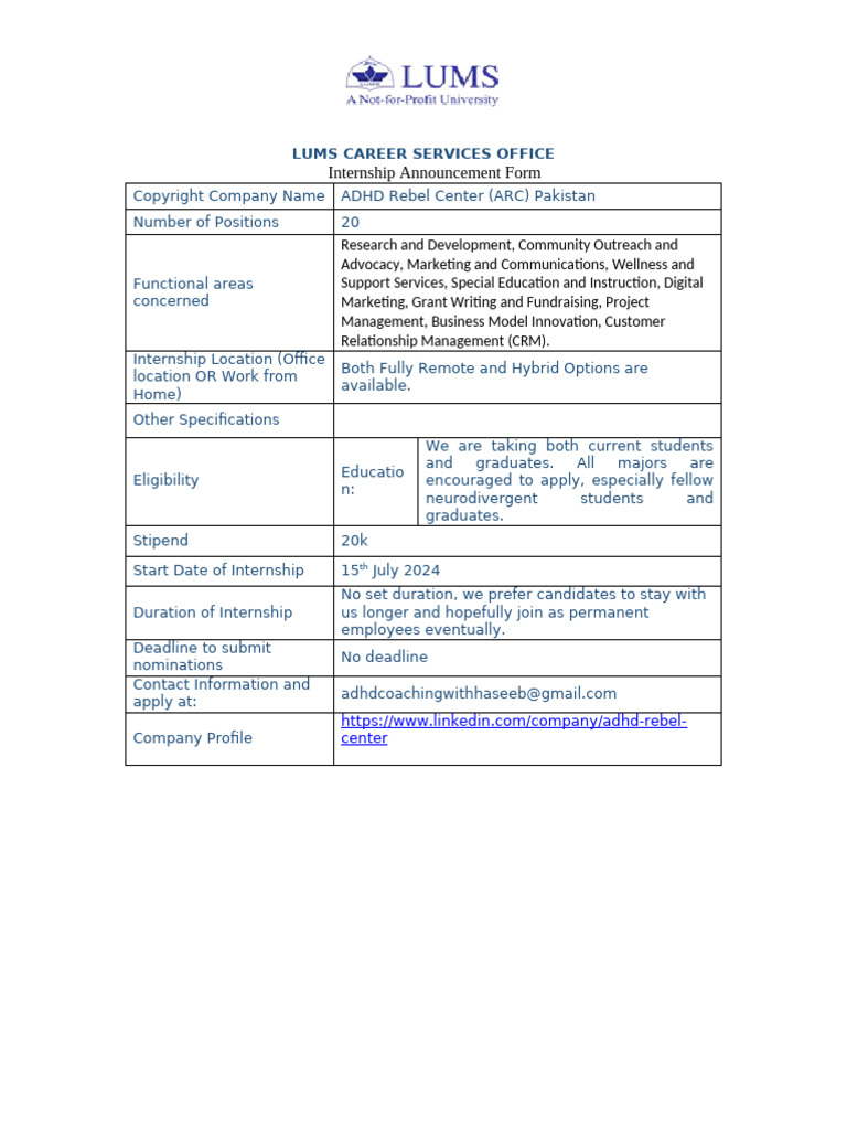 Internship Announcement Form - LUMS | PDF