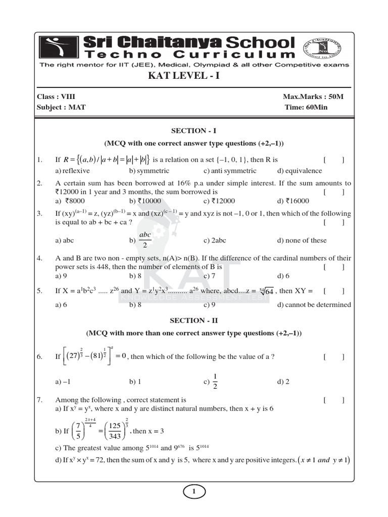 8th KAT MATHS LEVEL - I MODEL QP | PDF | Mathematical Logic | Mathematical Concepts
