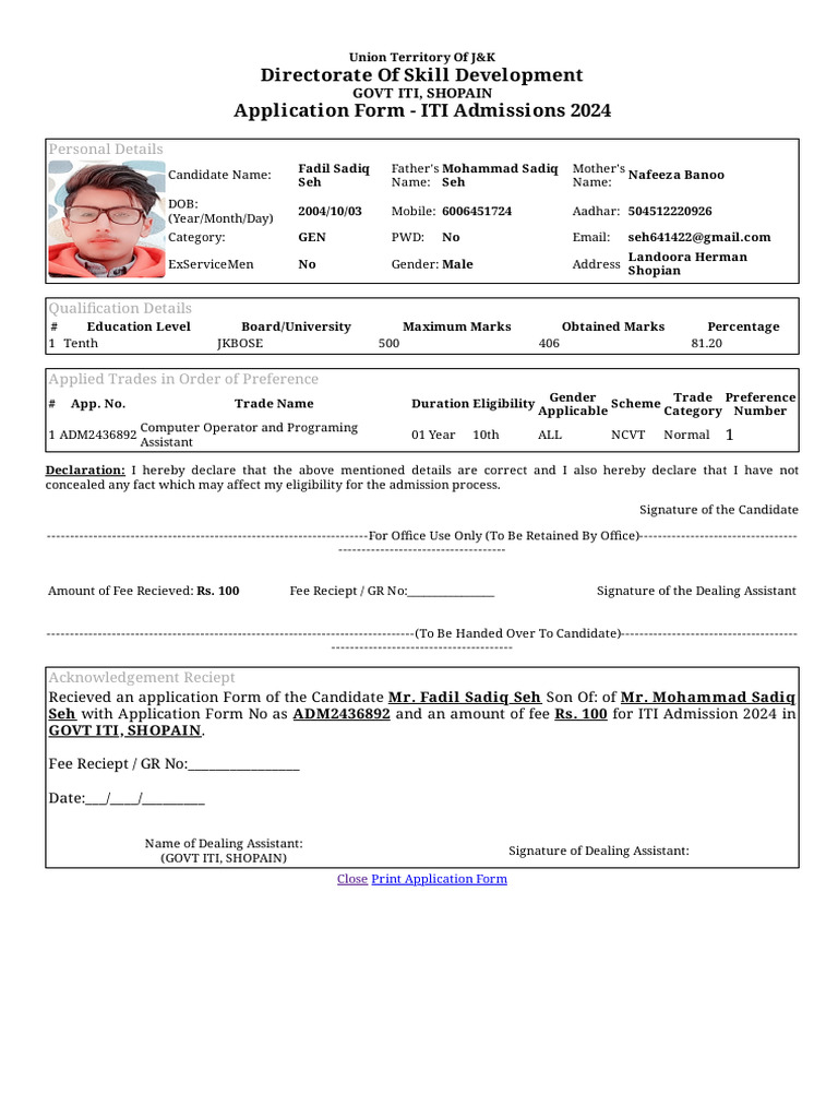Print Application Form _ ITI Admissions J&K | PDF