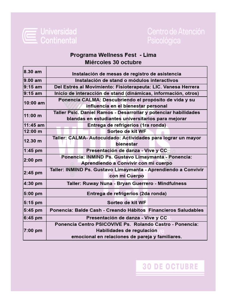 Programa Wellness Fest - Lima Miércoles 30 Octubre | PDF