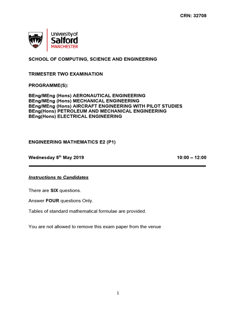 32708 - Engineering mathematics E2 Exam for May 2019 - Tagged | PDF ...