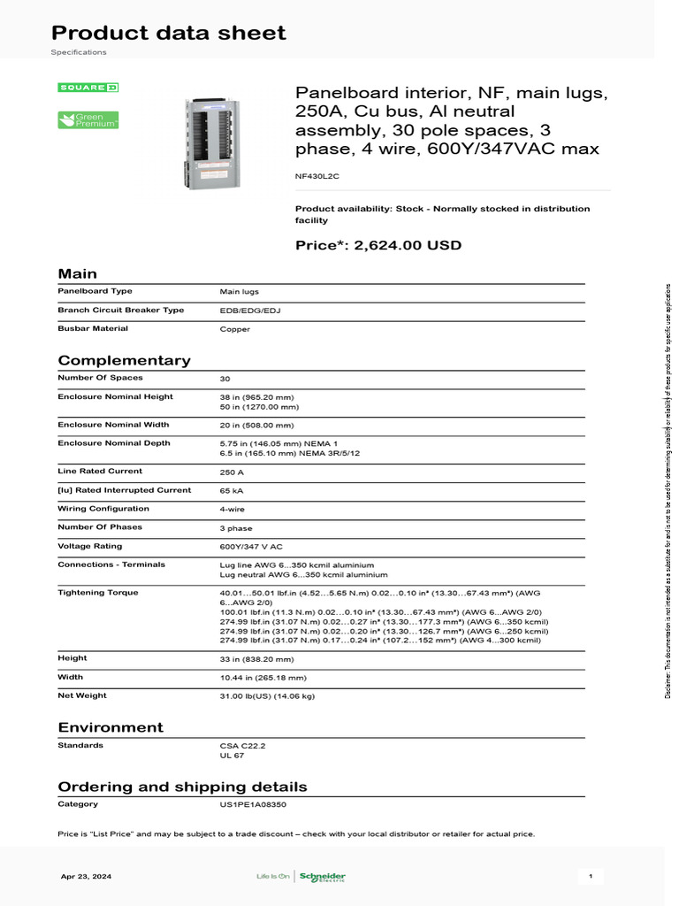 Schneider Electric - NF-Panelboards - NF430L2C | PDF | Electricity ...
