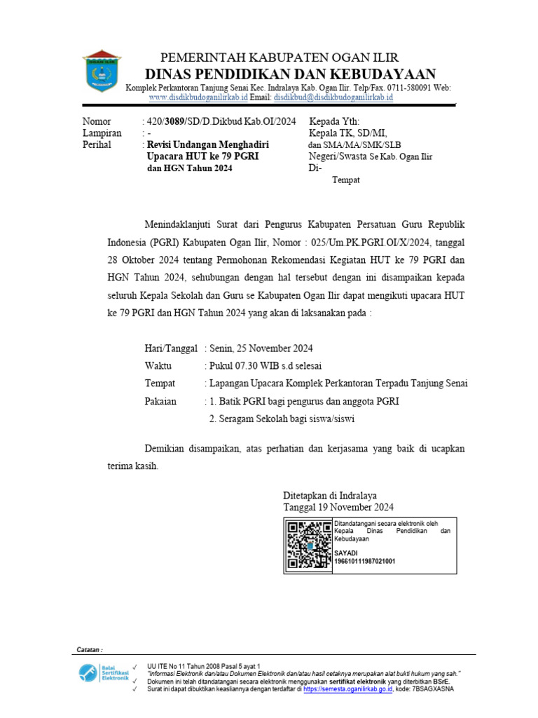 Revisi Undangan Menghadiri Upacara HUT Ke 79 PGRI Dan HGN 2024 | PDF