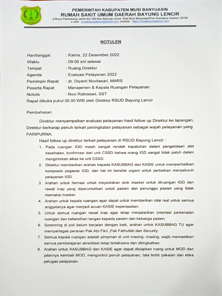Dokumen Notulensi Rapat bersama direktur ,kamis 22 des 2022 | PDF