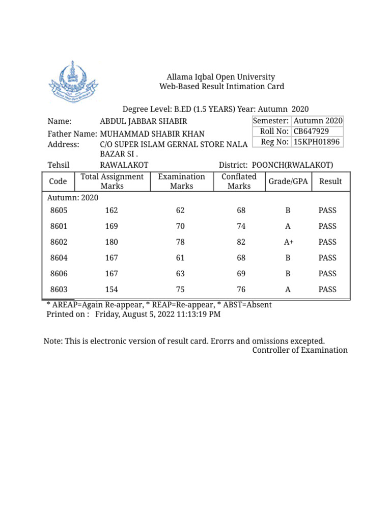 AIOU Online Web-Based Result | PDF