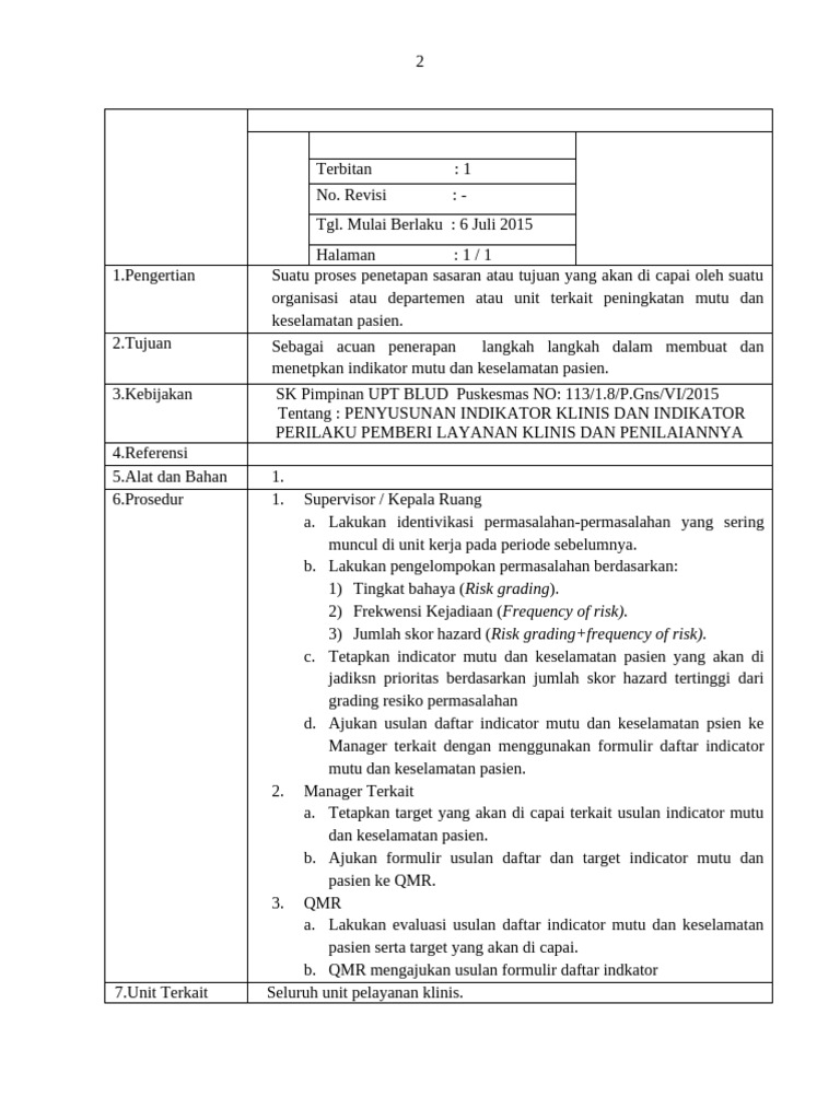Sop Identifikasi Dan Penetapan Indikator Mutu Dan Keselamatan Pasien | PDF