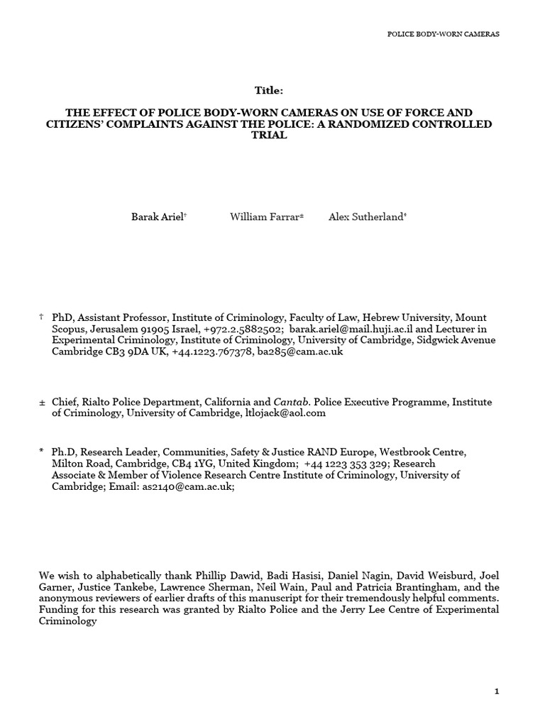 the effect of police body worn cameras | PDF | Use Of Force | Police
