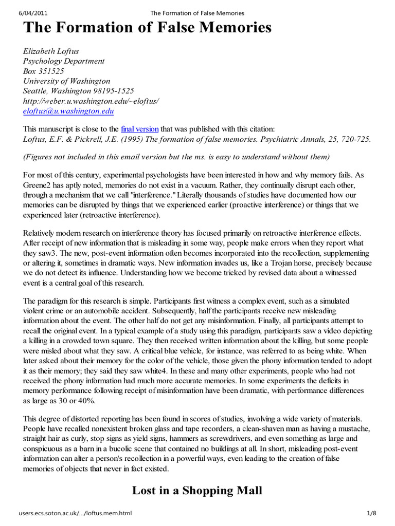 the formation of false memories | PDF | Memory | Recall (Memory)