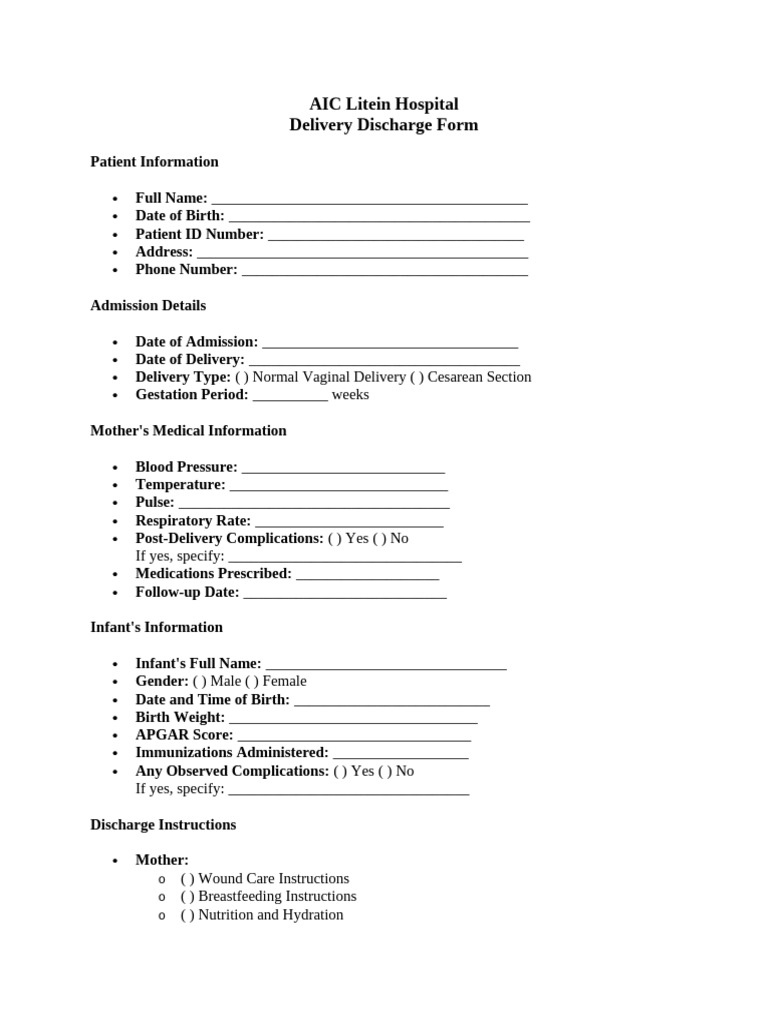 AIC Litein Hospital Delivery Form | PDF | Childbirth | Medical Specialties