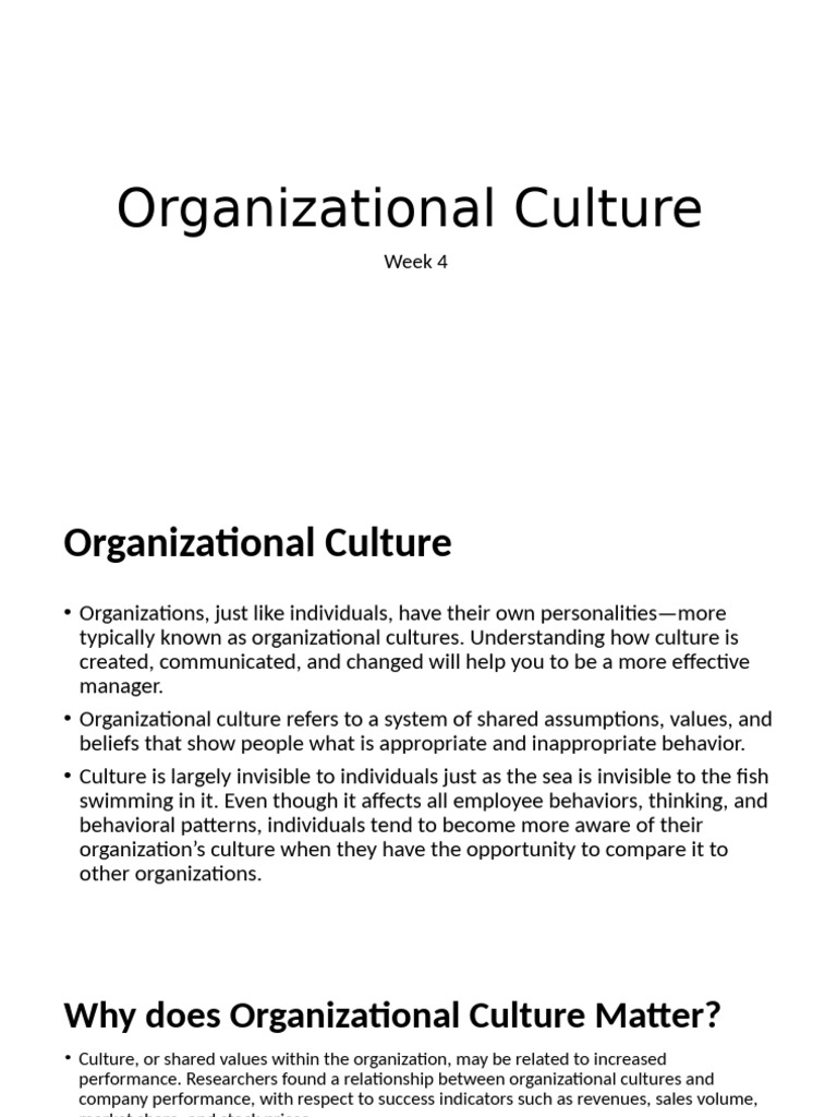 Week 2 - Organizational Culture | PDF | Organizational Culture | Employment