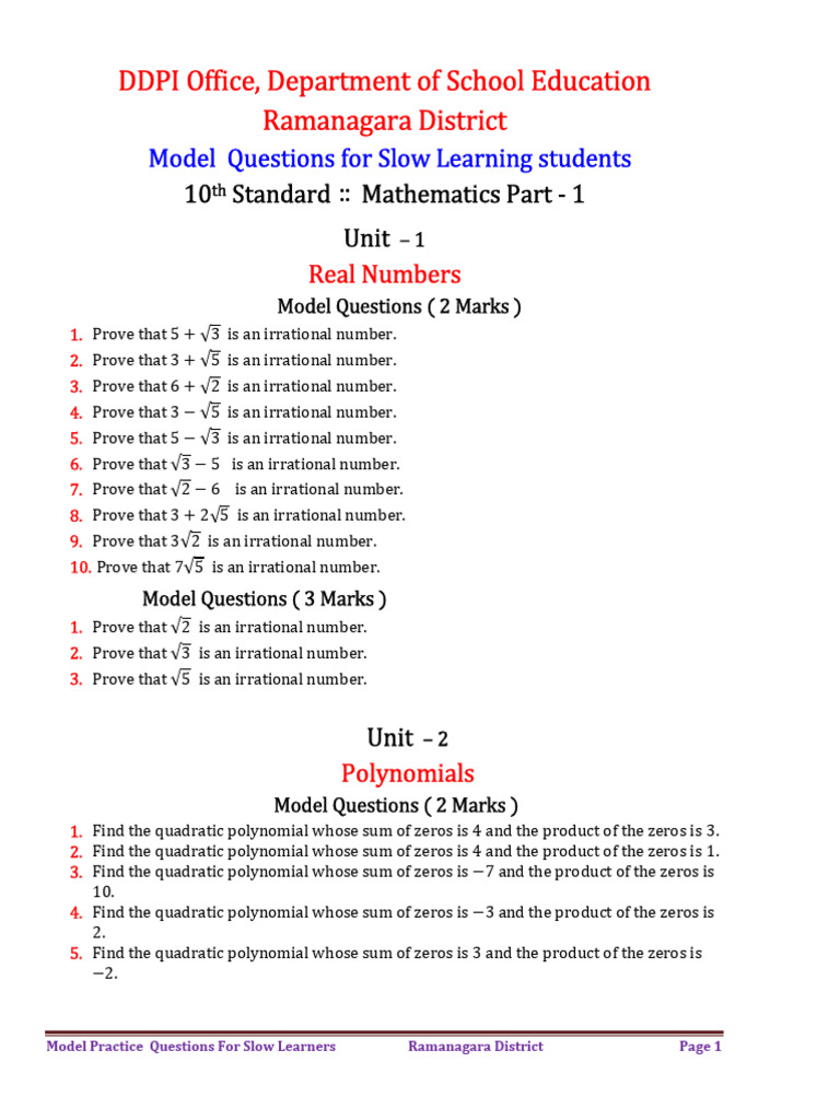 10th Math Question Bank For Slow Learners Eng Medium | PDF | Equations ...