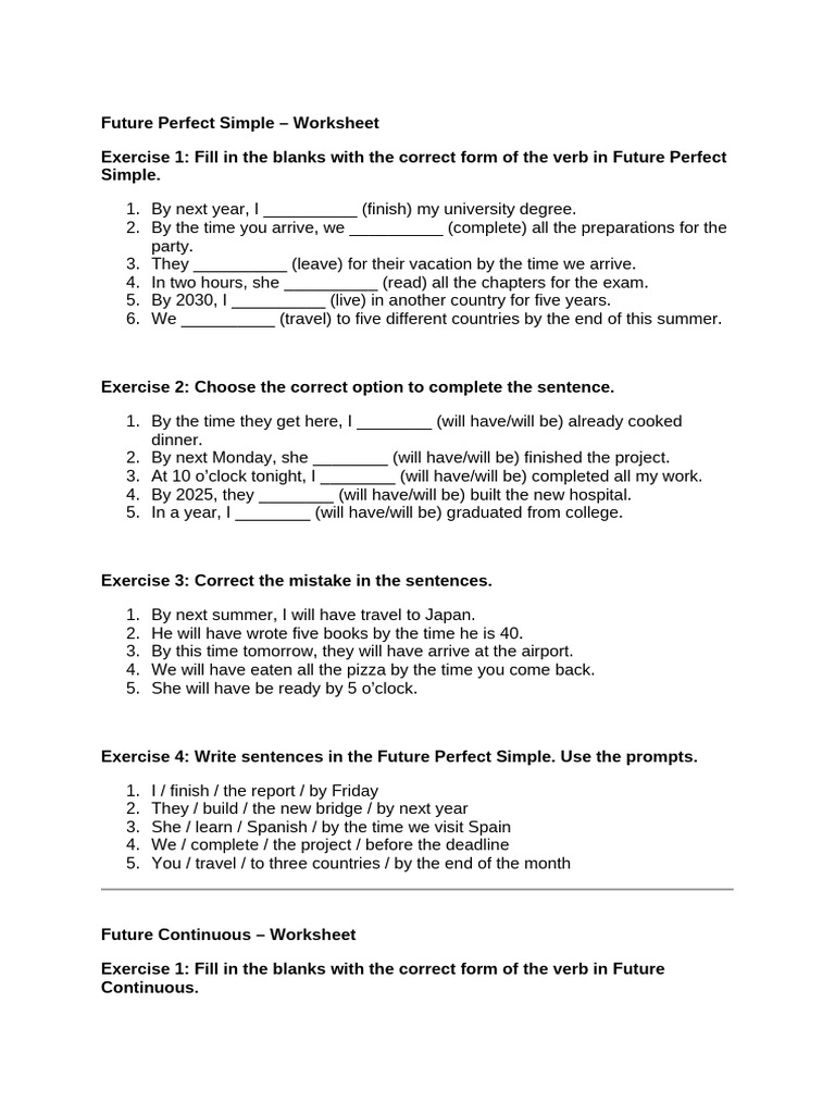 Future Perfect Simple & Continuous. Worksheet | PDF
