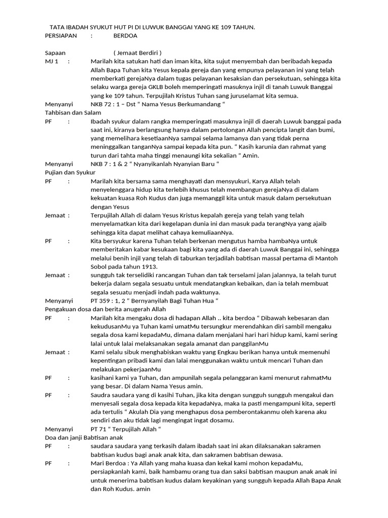 TATA IBADAH SYUKUT HUT PI DI LUWUK BANGGAI YANG KE 109 TAHUN | PDF